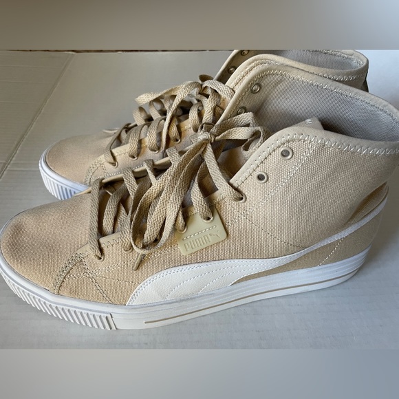 Puma | Shoes | Puma Beige Canvas White Leather Lace Up Sneakers Mid Top ...